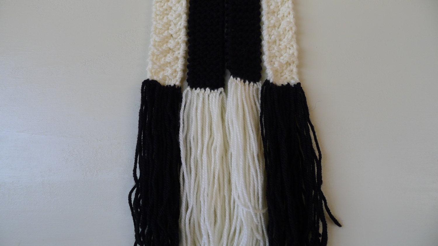 Extra Long Scarf. Chunky Fringe Scarf. Cream and Black Knitted Scarf ...