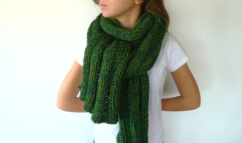 Green Hand Knitted Scarf. Mens Wool Scarf. Womens Winter Wrap. Chunky ...