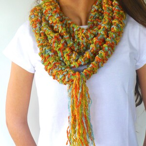 Colorful Scarf Necklace. Multicolor Infinity Scarf With Fringes. Knit ...