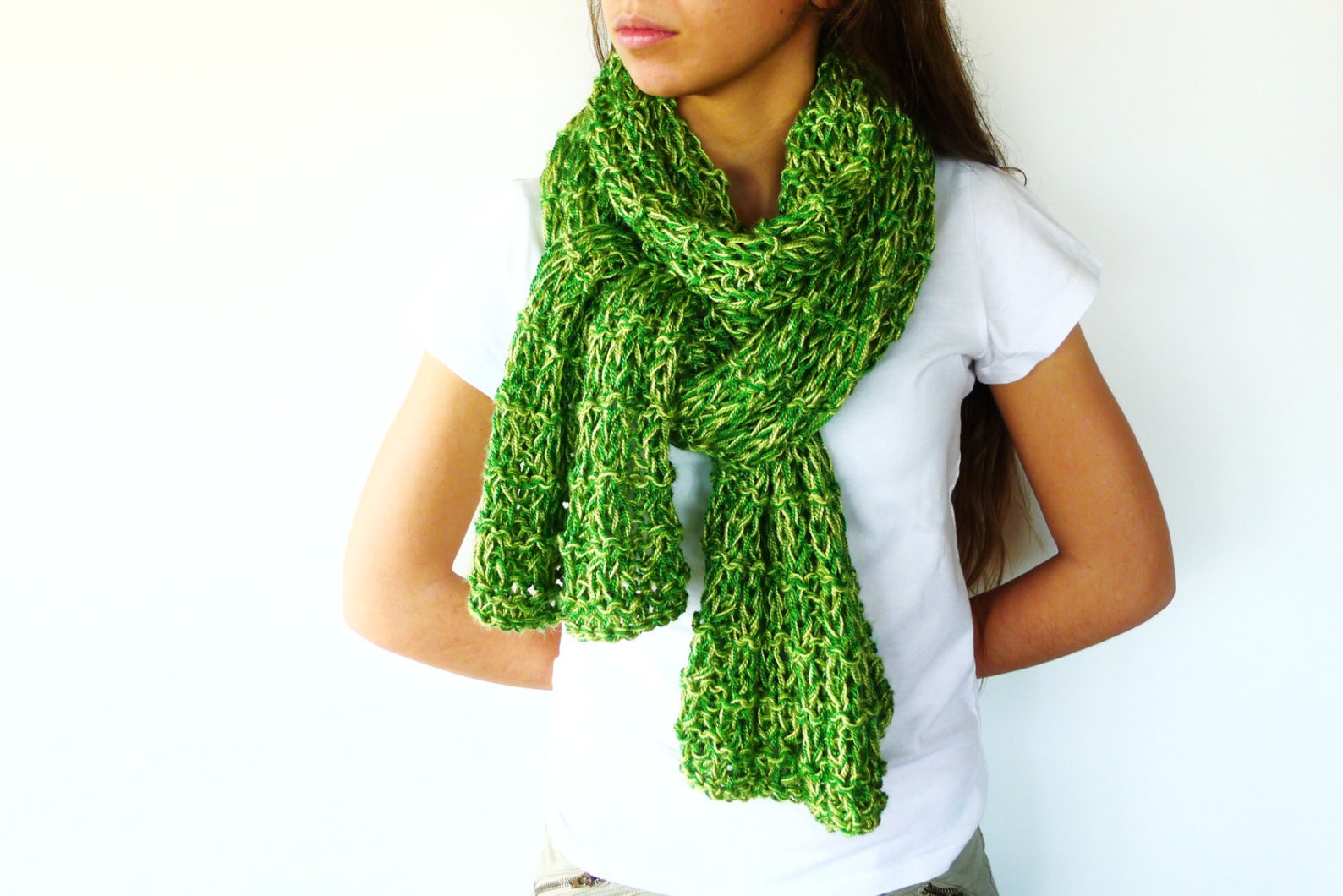 Bright Green Summer Scarf | Cotton Shawl Scarf | Loose Knit Scarf ...
