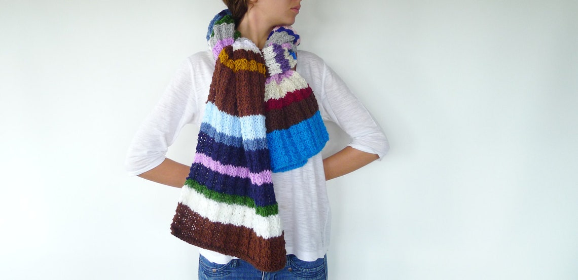 Knit Striped Scarf Multi Coloured Scarf Women's Wool - Etsy