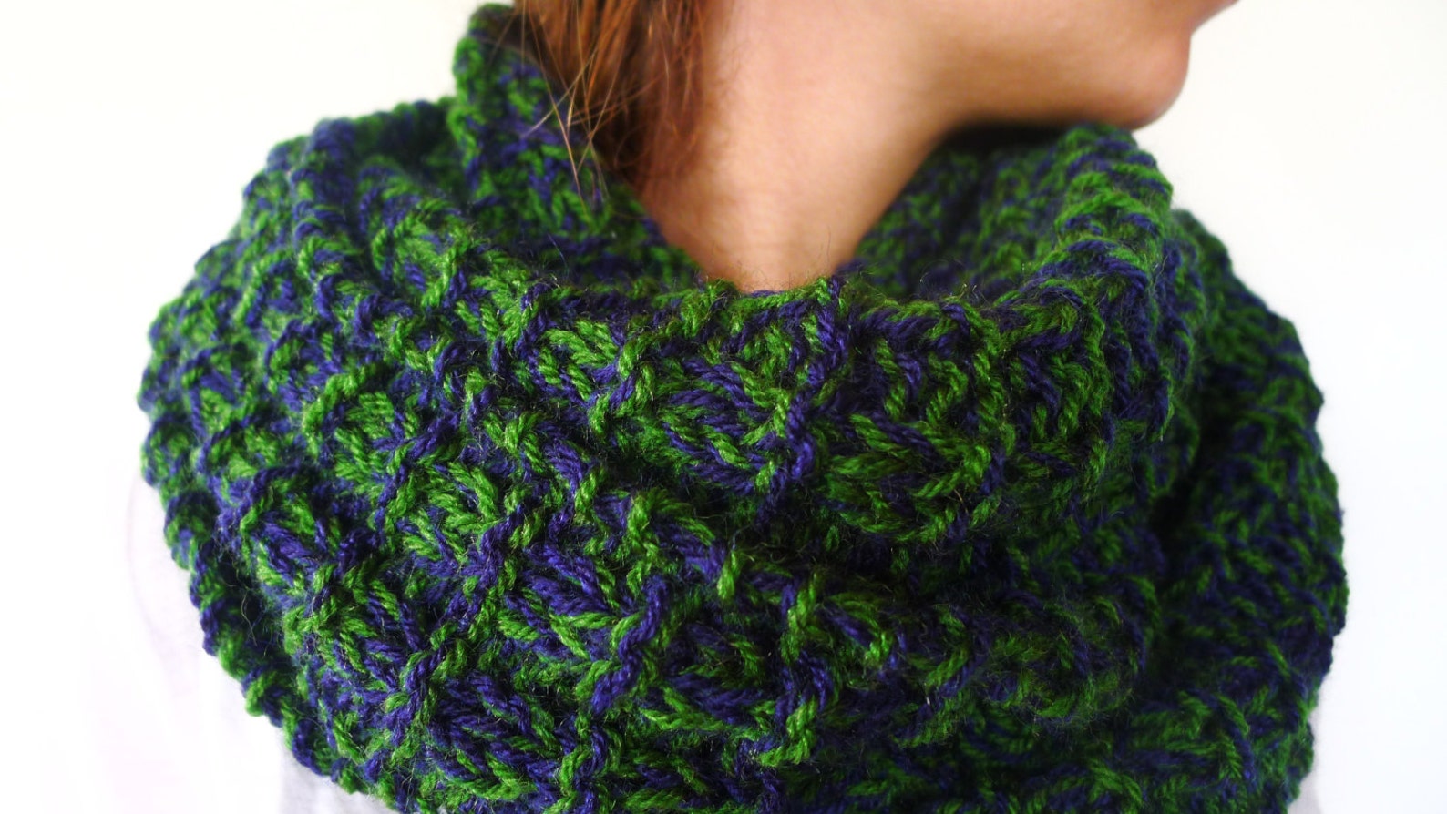 Navy and Green Infinity Scarf. Chunky Hand Knit Loop Scarf. Merino Wool ...