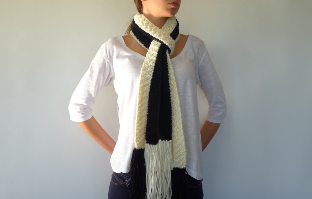 Extra Long Scarf. Chunky Fringe Scarf. Cream and Black Knitted Scarf ...