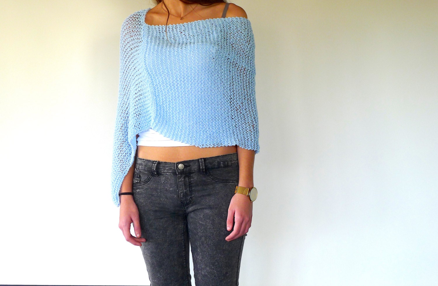 Knit Poncho in Light Blue | Blue Beach Cover up | Loose Knit Poncho ...