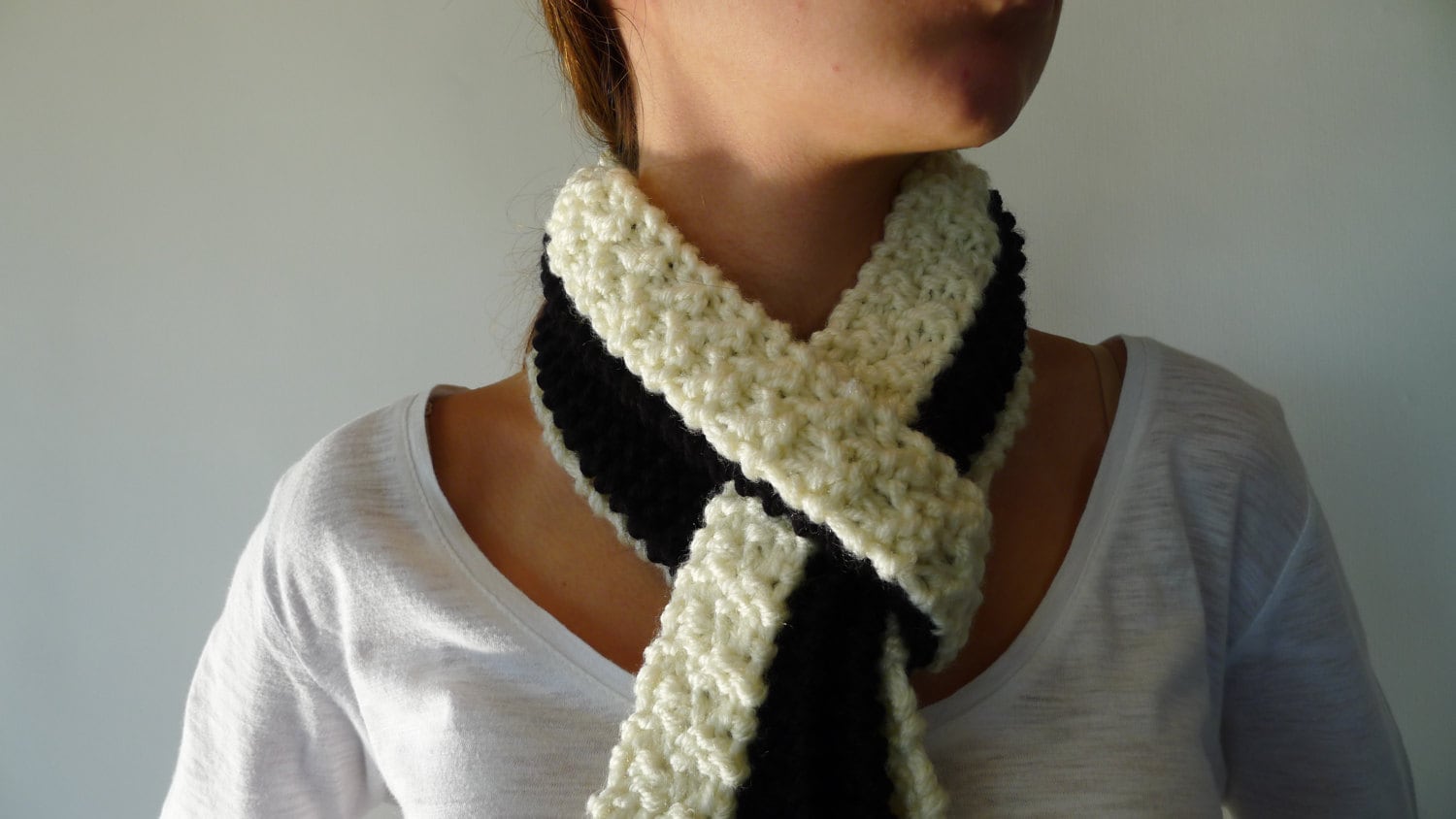 Extra Long Scarf. Chunky Fringe Scarf. Cream and Black Knitted Scarf ...