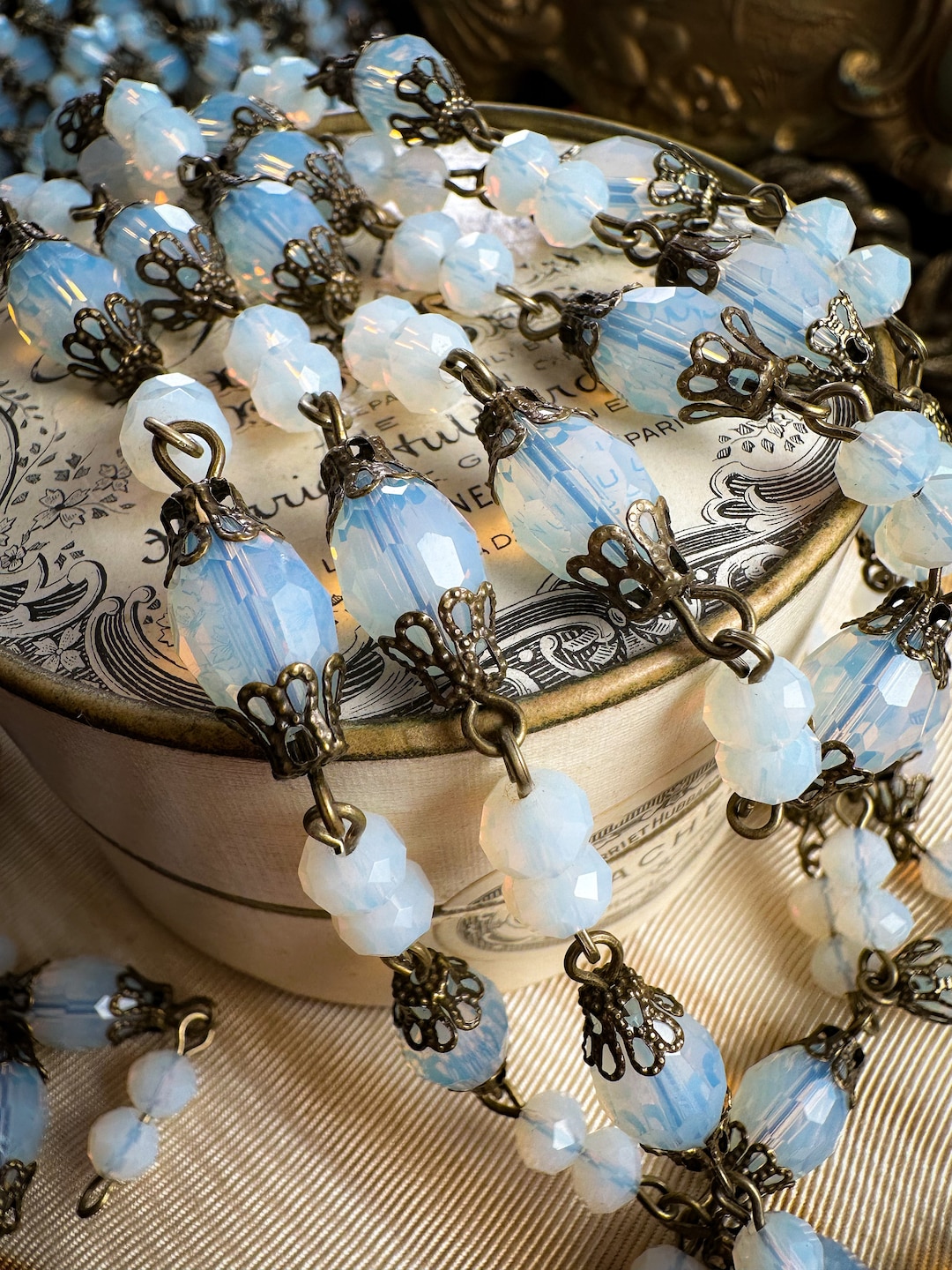 Custom GLOWING Moonstone Glass White Rosary Chain Glass Beaded Fancy ...