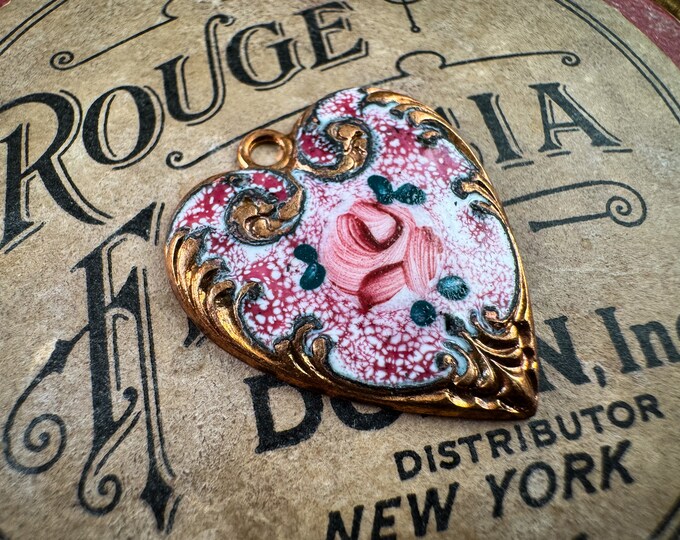RARE Vintage Rose Enamel Heart Pendant Charm, Hand Painted Japan Gold ...