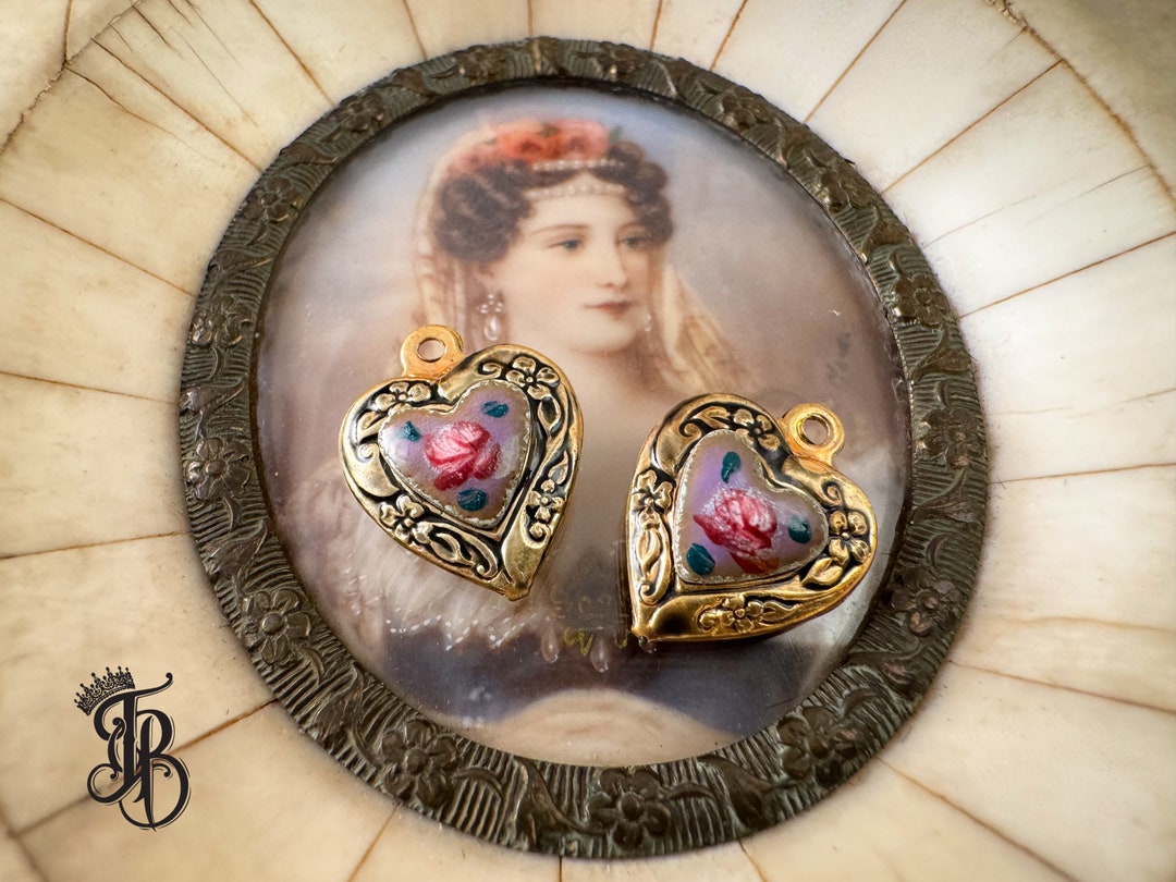 Vintage Guilloche Enamel Puffed Heart Charms, Brass Hearts, 15x12mm ...