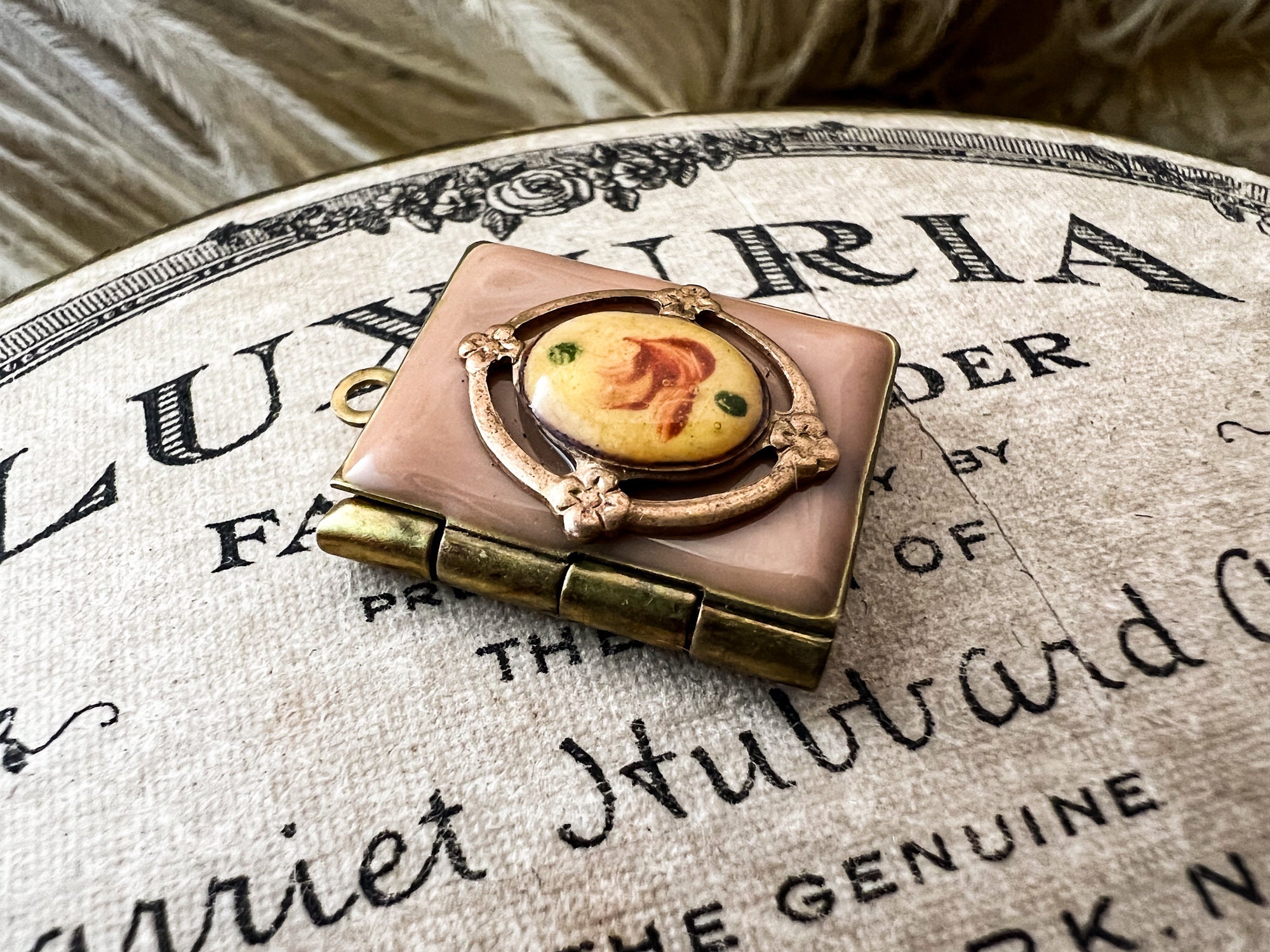 Vintage Enamel Book Locket Charm Floral Dusty Mauve Floral Hand Painted ...
