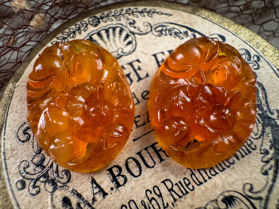 Vintage 18x13mm Oval Floral Amber Topaz Japan Glass Floral Flatback ...