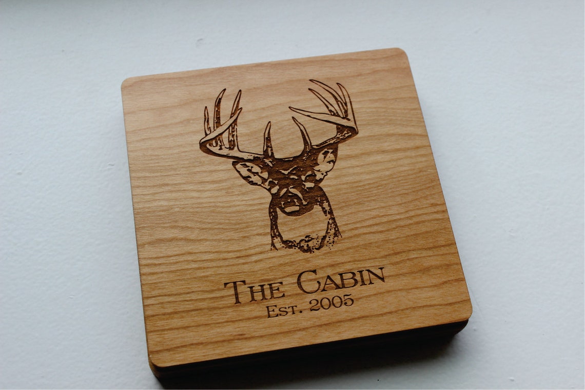 Personalized Wood Coaster, Gift for Him, Boyfriend Gift, Whitetail Deer ...