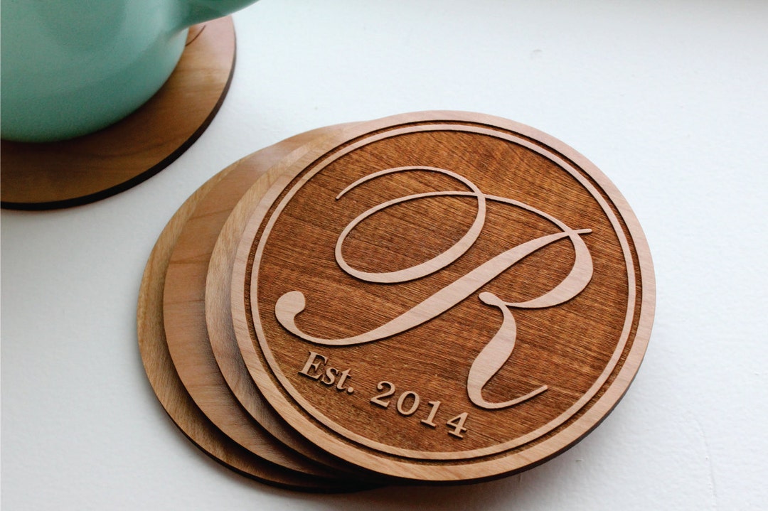 Personalized Monogram Coaster Set of 4, Custom Engraved Cherry Wood ...