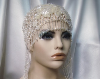 1920s Style FULLY Beaded Silver Fringe FLAPPER Head Cap Skull Headpiece ...