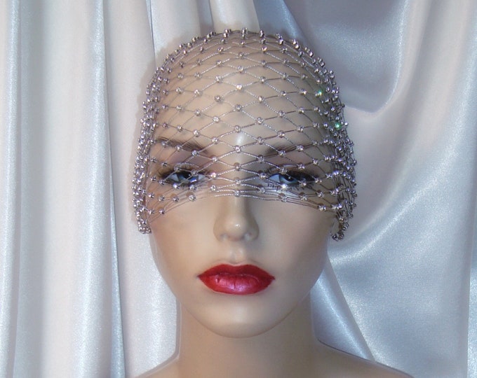 Silver Mesh and Glass Face Veil, Rhinestone Mesh Face Veil, Bridal Face ...