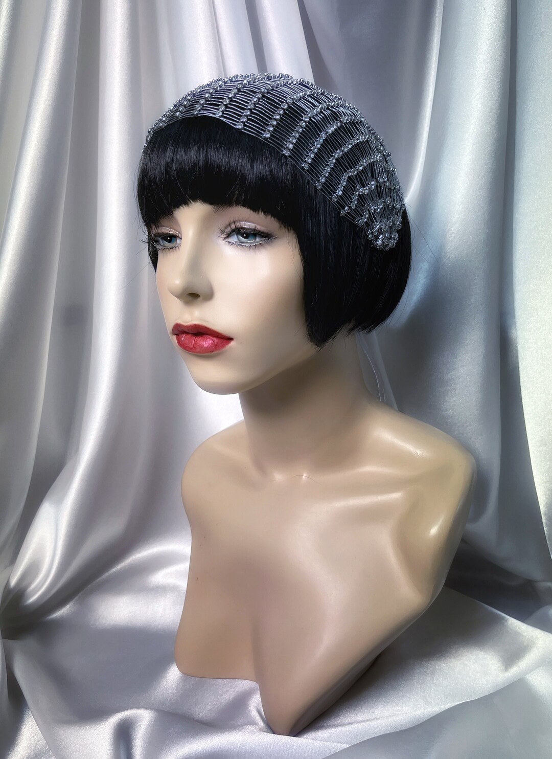 Silver Mesh Gatsby Headpiece, Silver Rhinestone Mesh Juliet Cap, 1920s ...