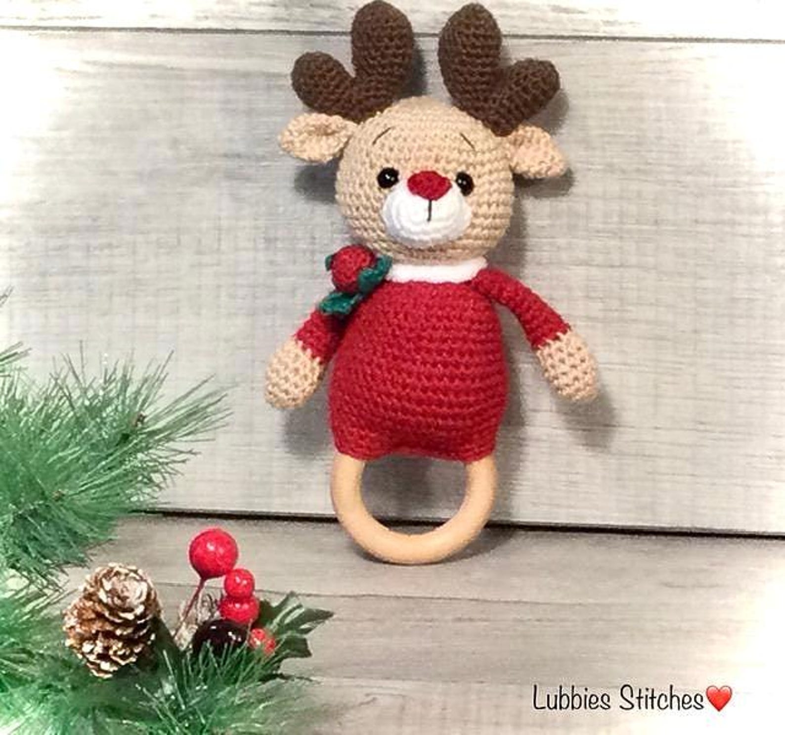 Crochet Rudolph Baby Christmas Gift Set, Organic Cotton Lovey, Rattle ...