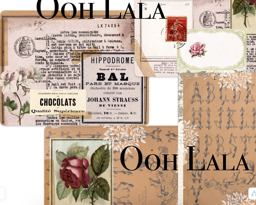 Ooh Lala French Document Collage ,8 Pages, French Inspired , Shabby ...