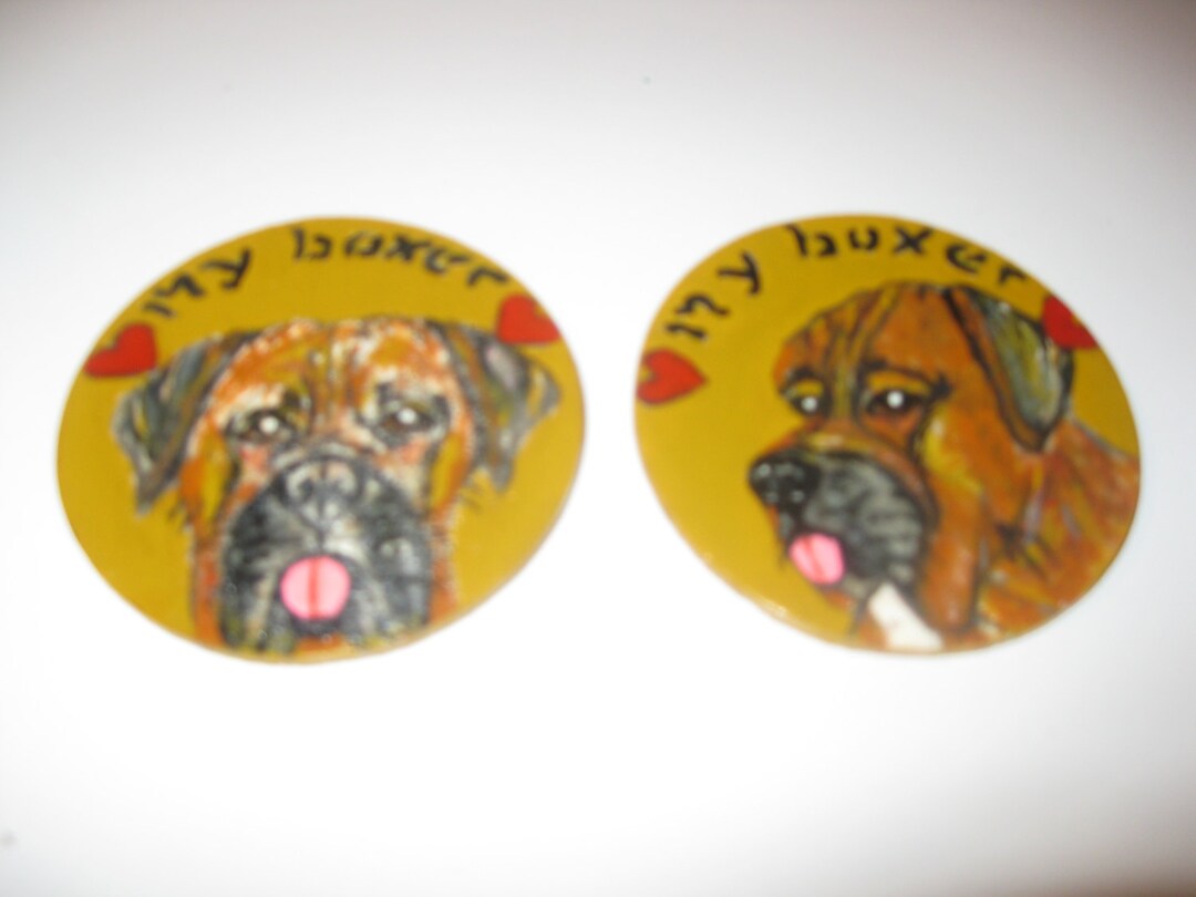 BOXER FREE SHIPPING Handmade Hand Painted Wood Dog Art Magnets Set of ...