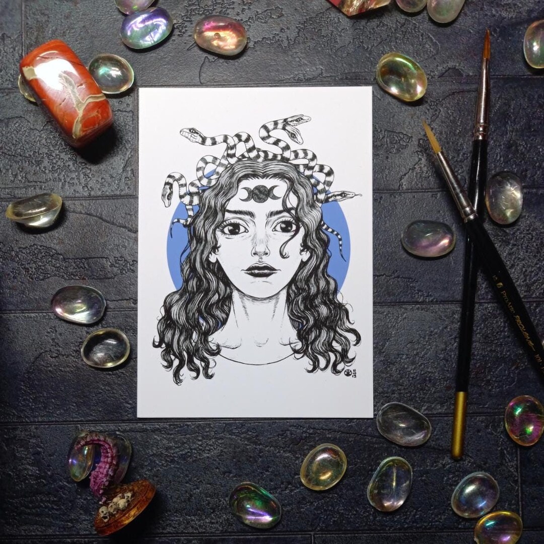 Hecate Snakes Strange Ink Drawing, Dark Art Print, Surrealism Occult ...