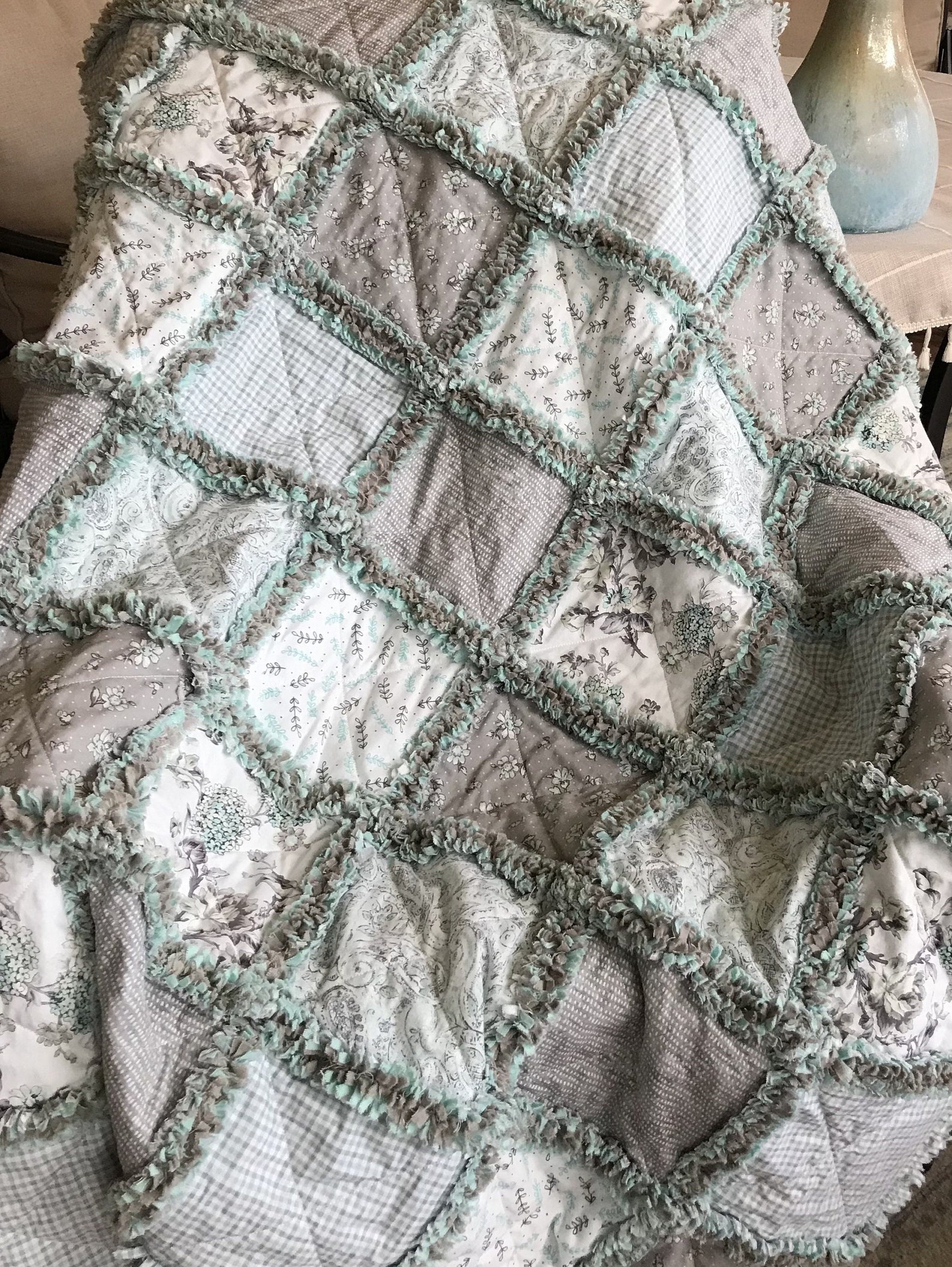 Aqua Blue and Gray Rag Quilt Throw FREE SHIPPING - Etsy