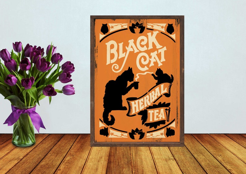 Black Cat Tea Halloween Tavern Style Distressed Sign Printed - Etsy