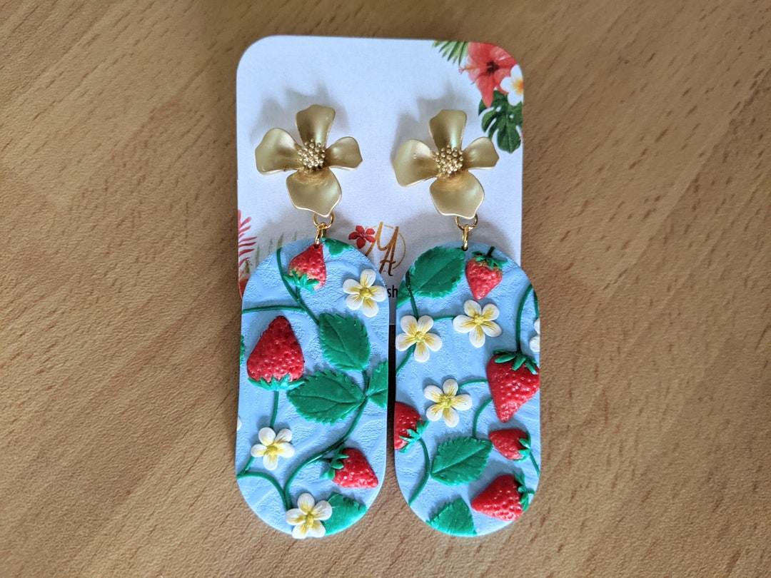 Strawberry Earrings, Dangle Earrings, Polymer Clay Earrings, Handmade ...
