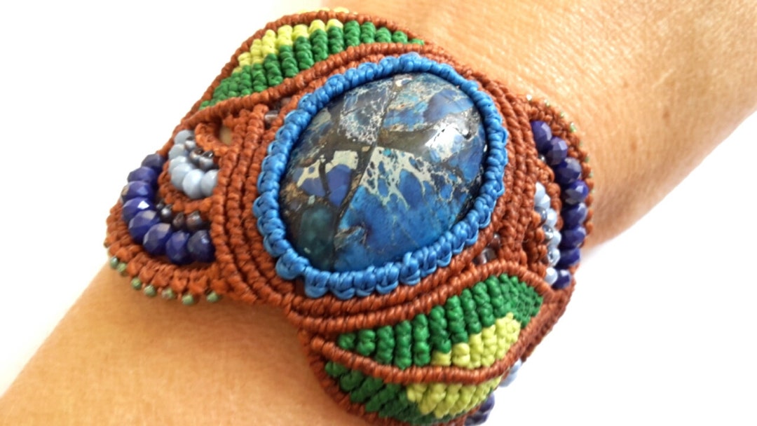 Macrame Bracelet Sea Sediment Jasper Cabochon Bracelet OOAK - Etsy