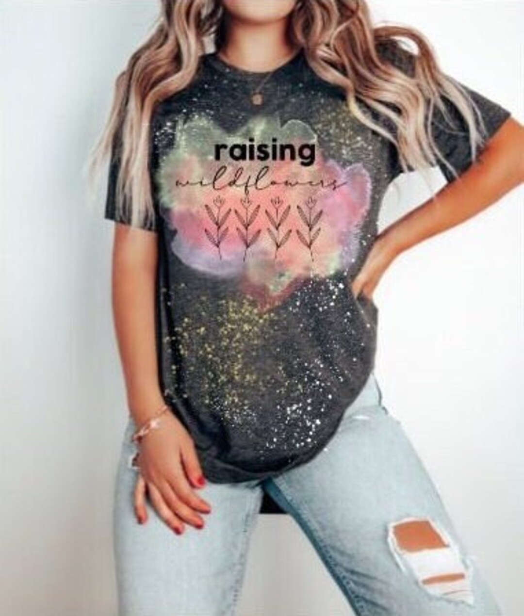 Faux Bleach Splatter Floral Shirt, Flower Shirt, 90s Spatter Tee ...