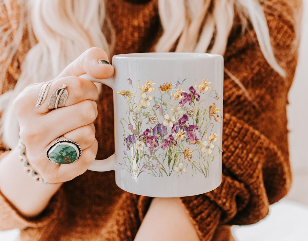 Vintage Wildflowers Cottage Core Coffee Mug,pressed Flowers Mug,rustic ...