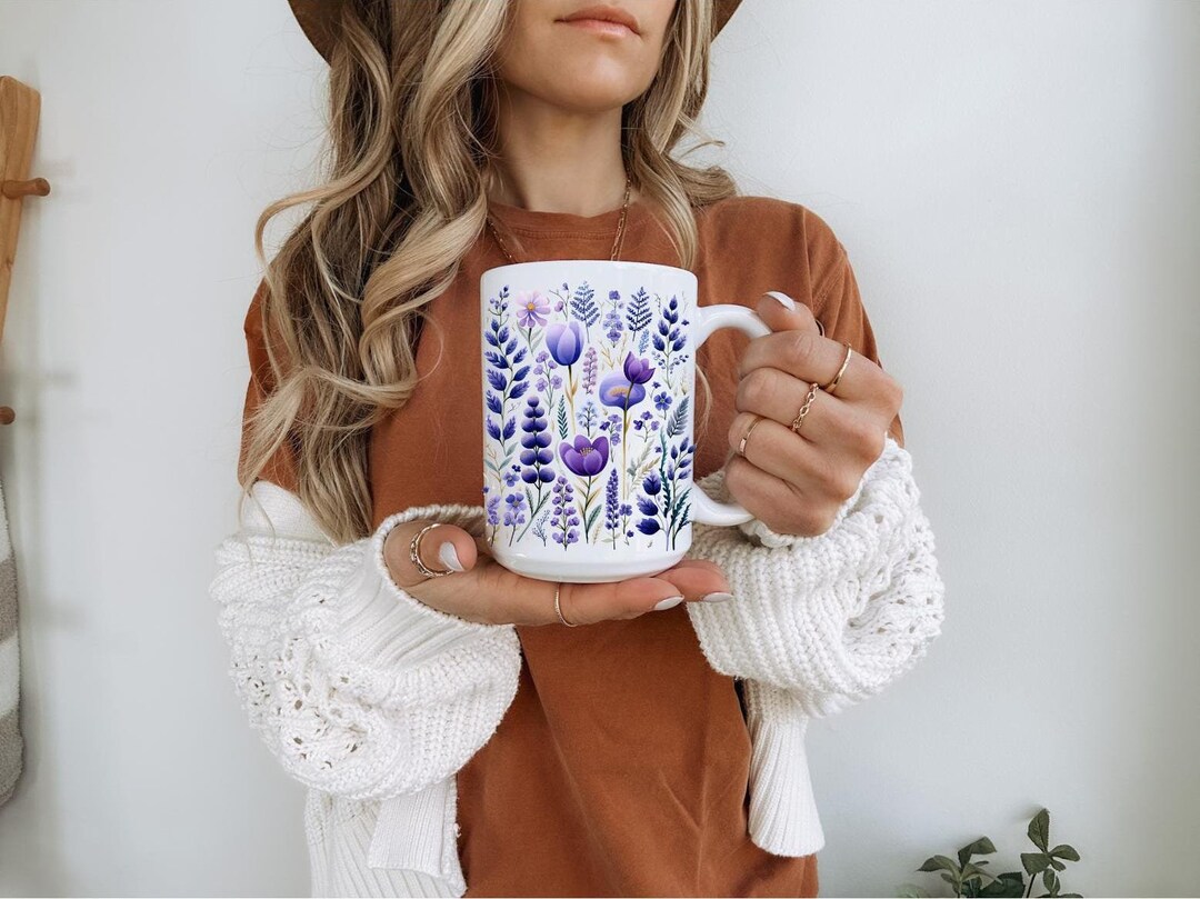 Boho Purple Wildflowers Cottagecore Coffee Mug,flowers Mug, Pastel ...