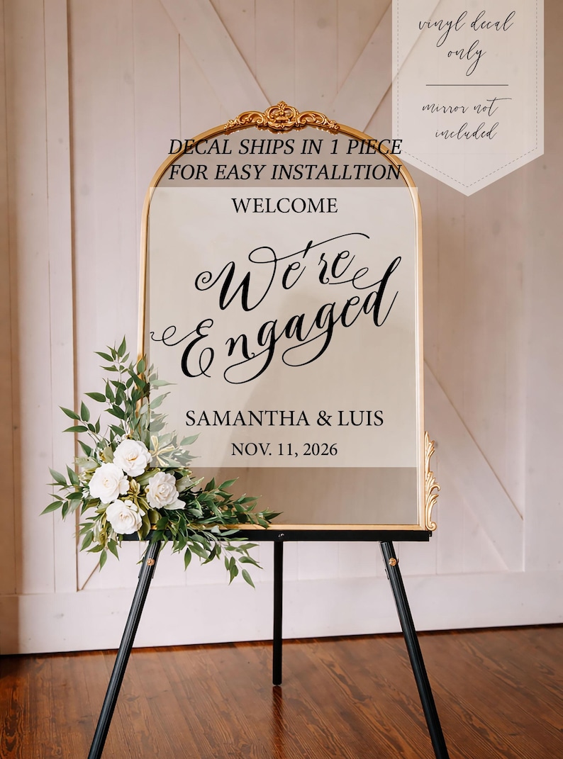 Gold Mirror Engagement Party Sign Decal, Personalized We’re Engaged ...