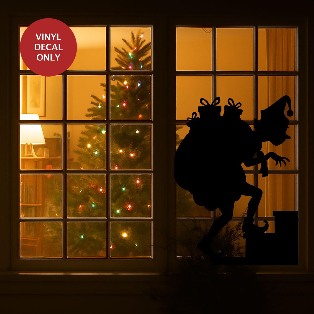 Christmas Elf Window Decal, Elf Climbing Stairs With Gift Sack, Vinyl ...