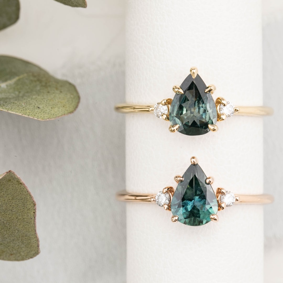 Pear Blue Green Sapphire Ring, Pear Cut, Pear Shaped Engagement Ring ...