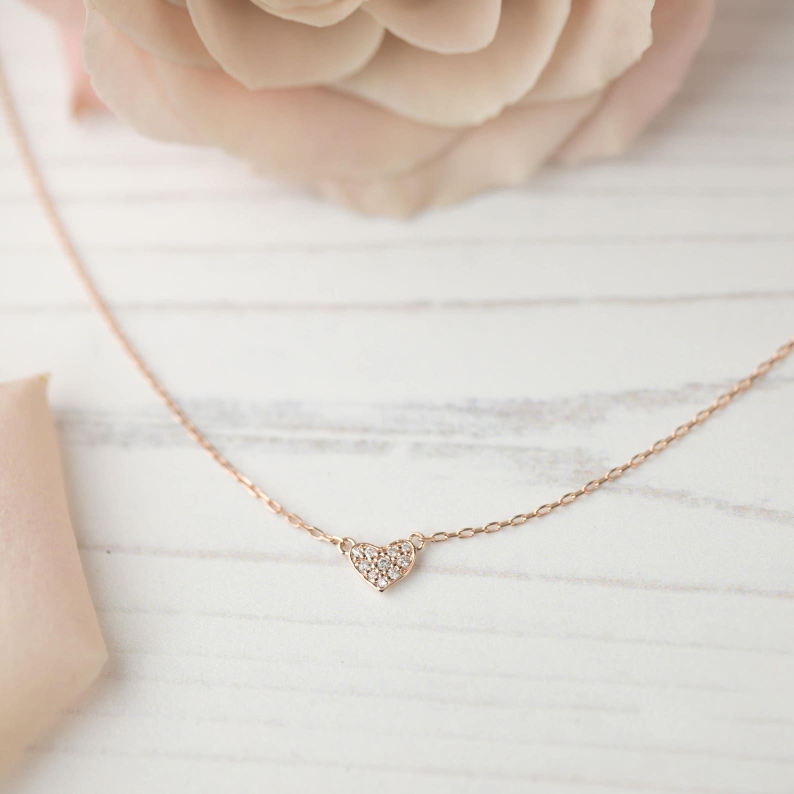 Diamond Pave Heart Necklace Solid 14k Gold Heart Diamond - Etsy