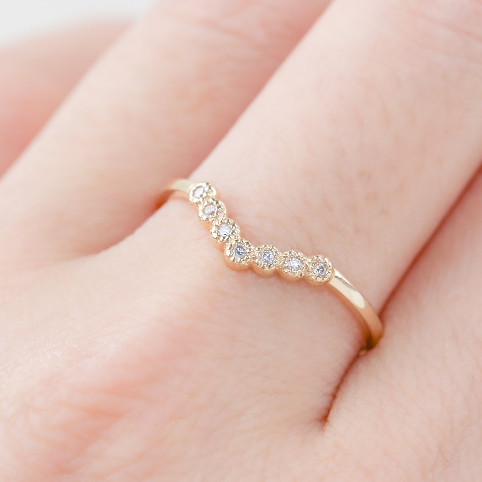 Diamond curved nesting wedding ring unique wedding band v | Etsy