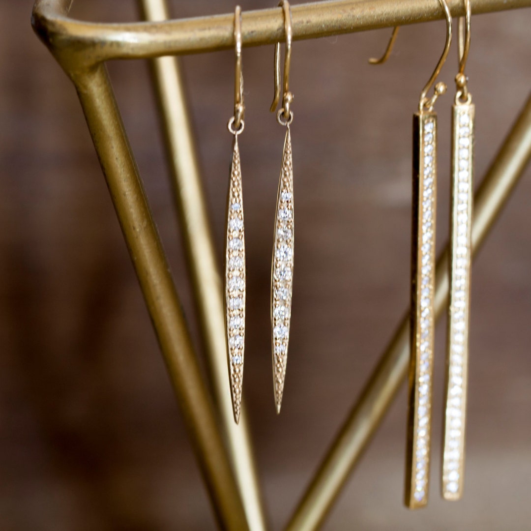 14k Gold Diamond Drop Earrings, Bridal Diamond Jewelry, Pave Diamond ...