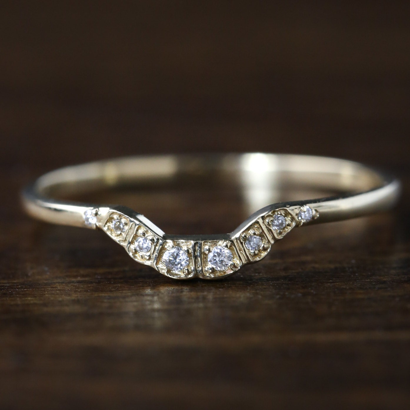 Curved Diamond Wedding Band, 14k Gold, Rose Gold, White Gold, Art Deco ...