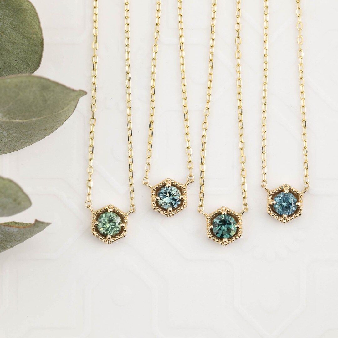 14k Gold Montana Sapphire Necklace, Dainty Hexagon Layer Necklace, Blue ...