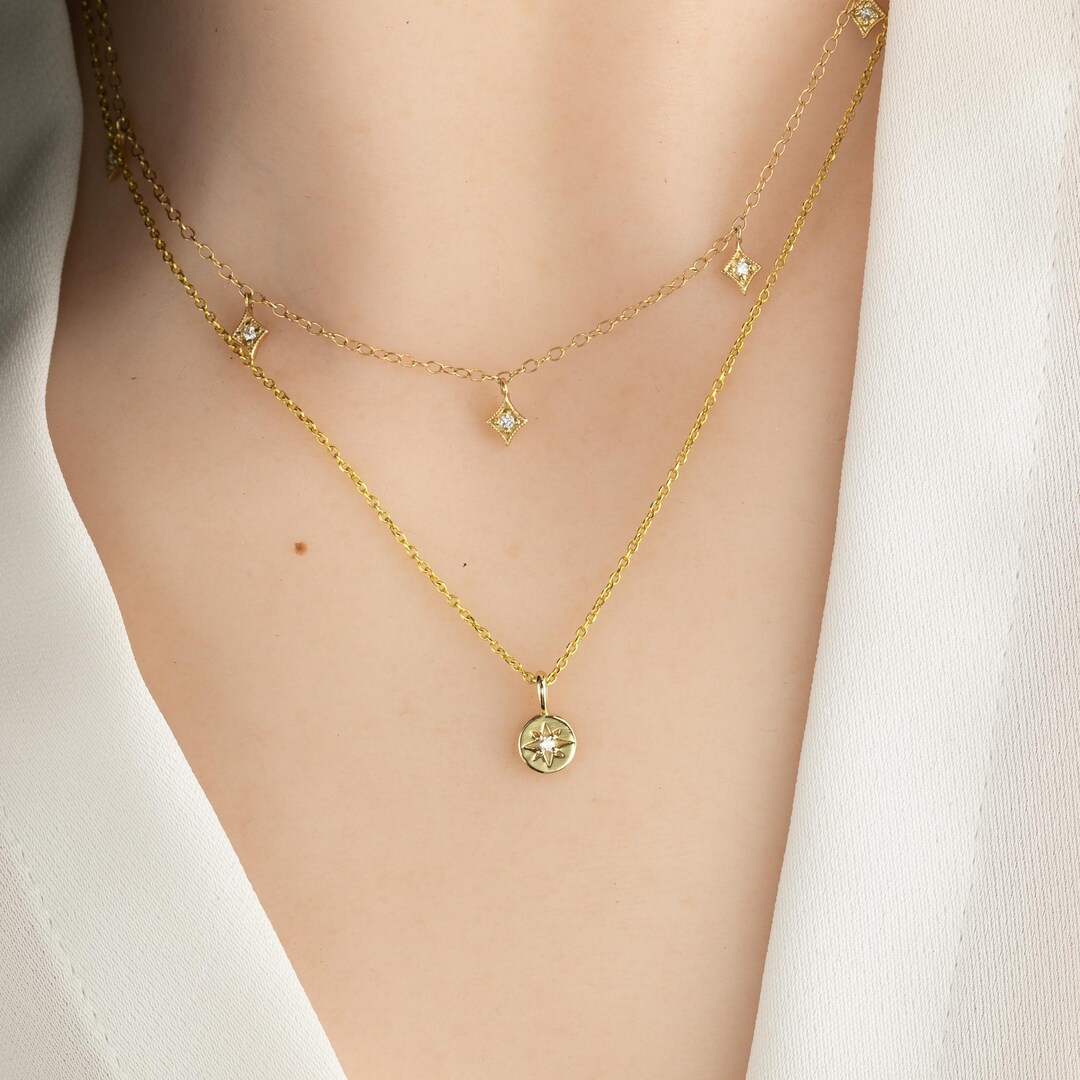 Multi Diamond Star Chain Necklace, Tiny Diamond Station Necklace, Gold ...