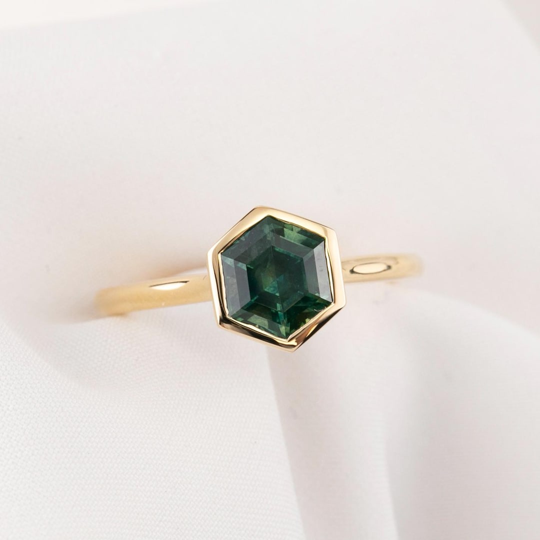Bezel Set Hexagon Sapphire Ring, Bezel Sapphire Engagement Ring ...