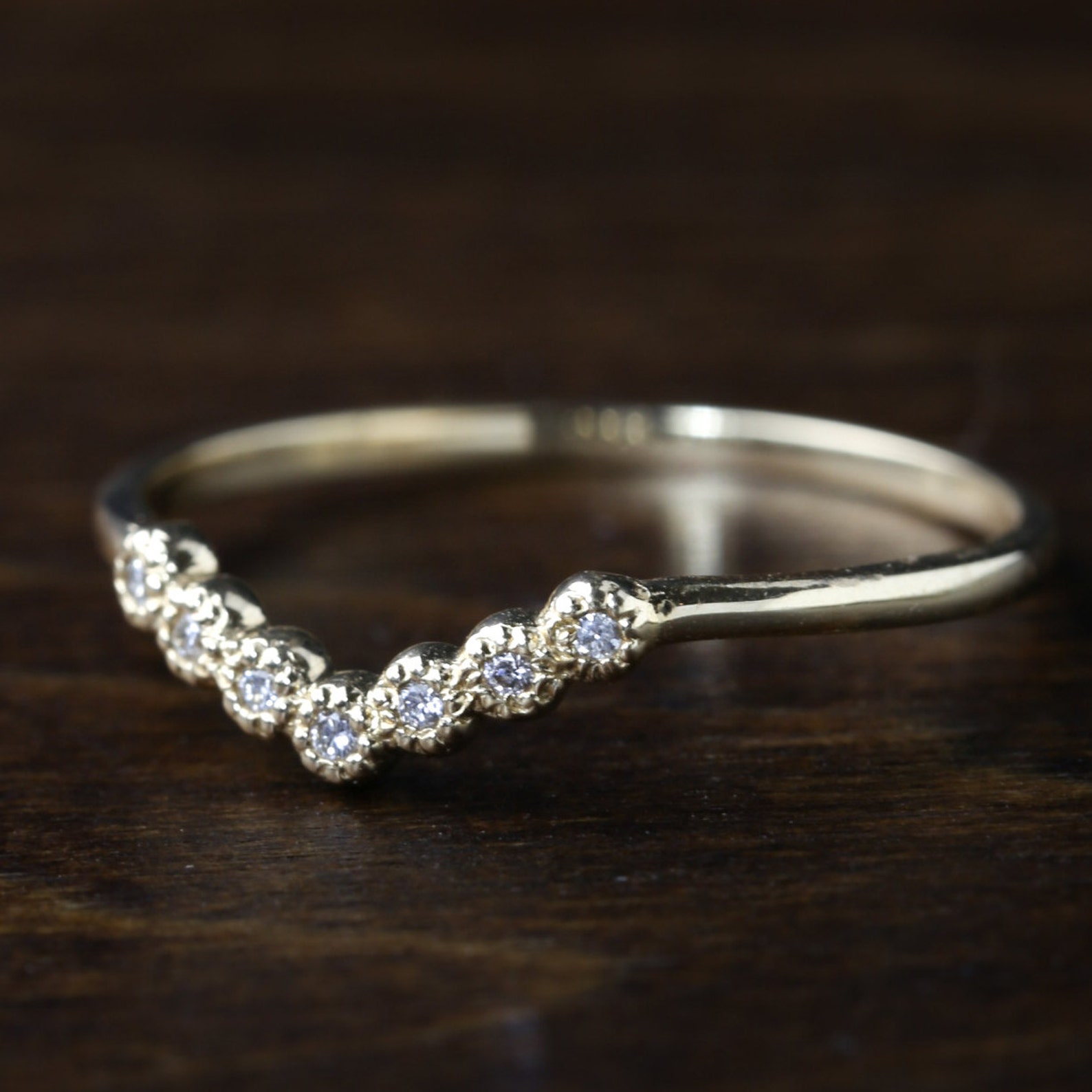 Diamond curved nesting wedding ring unique wedding band v | Etsy