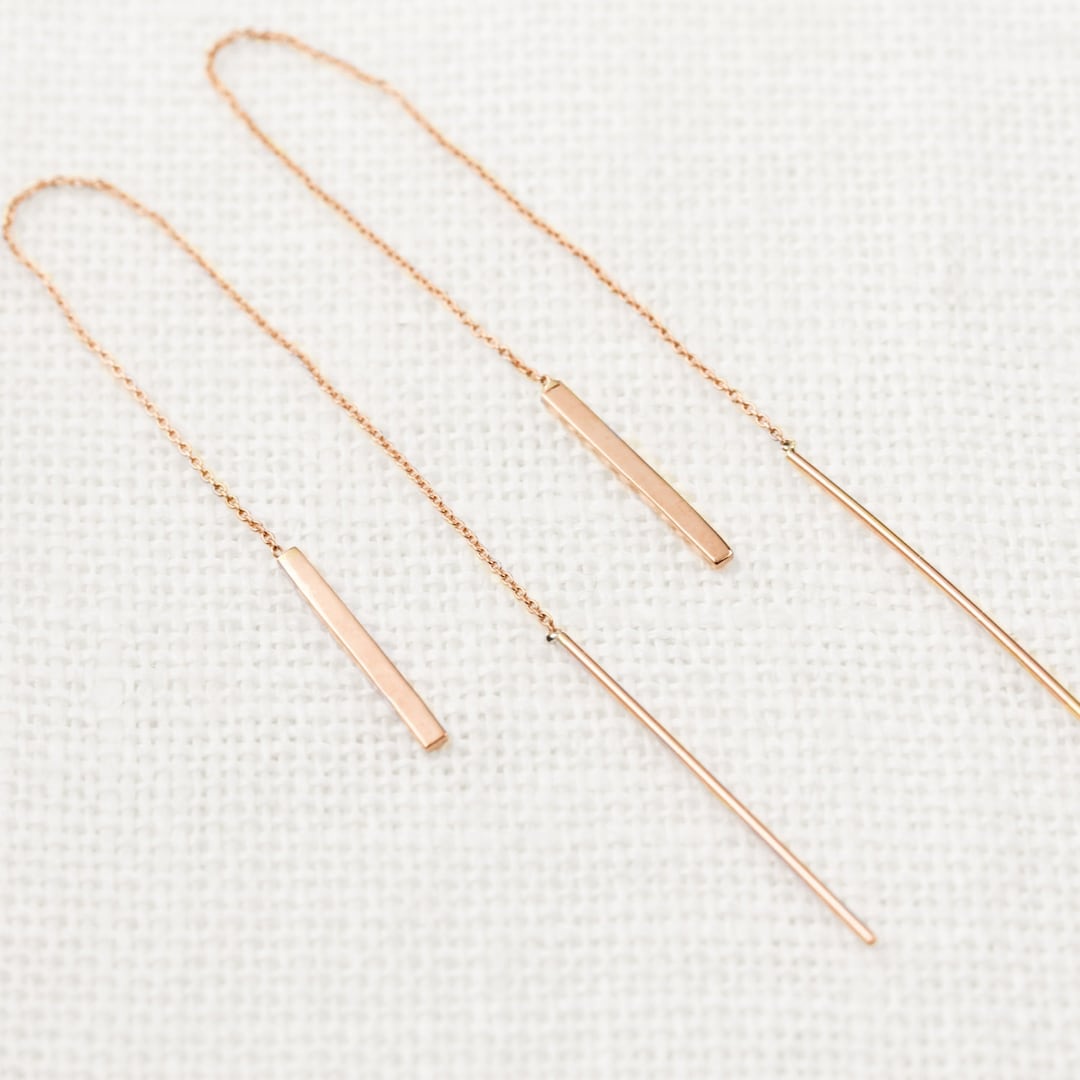 14k Solid Gold Bar Chain Thread Earrings, Yellow Gold, Rose Gold, White ...