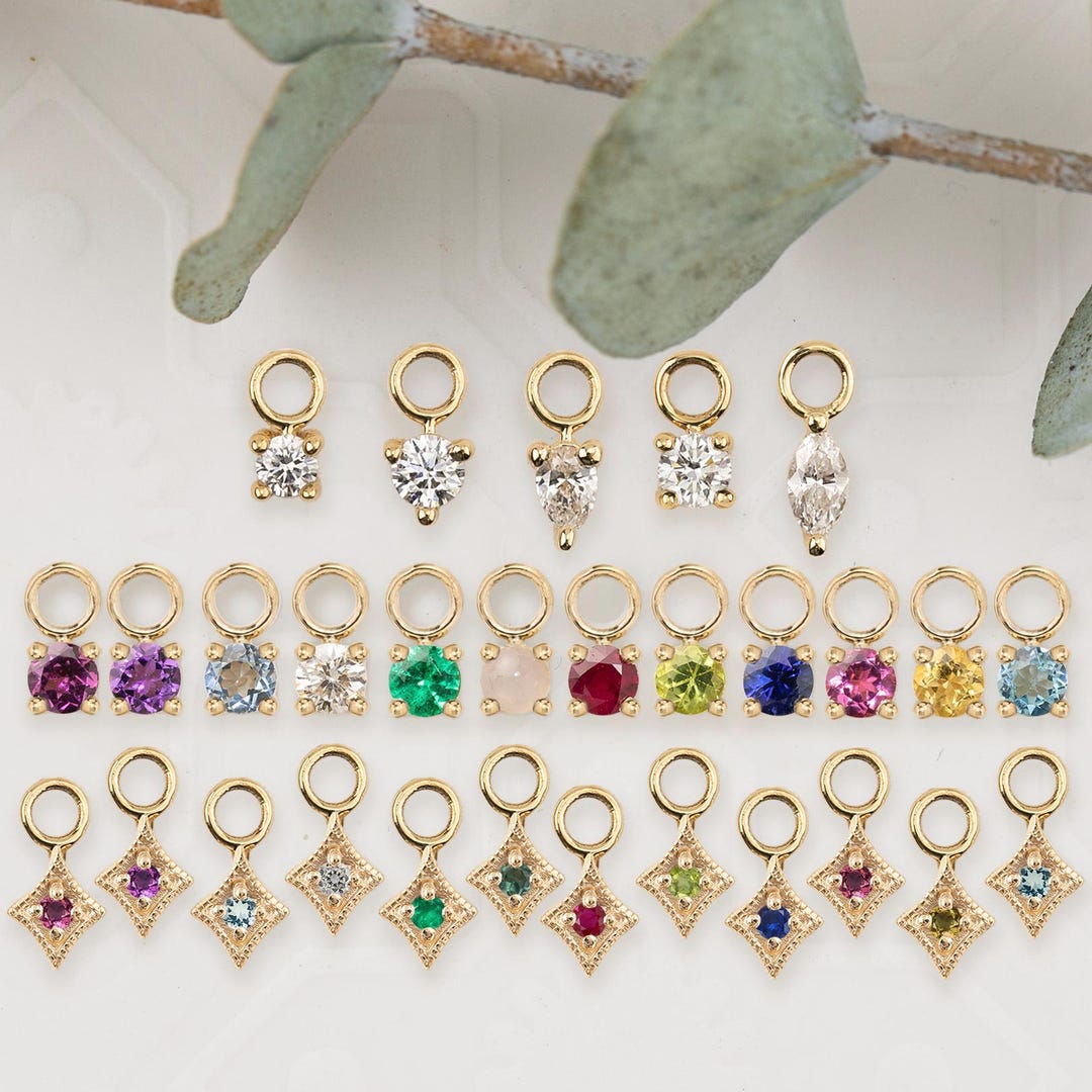 14k Solid Gold Diamond Hoop Charms, Gemstone Hoop Charms, Genuine ...
