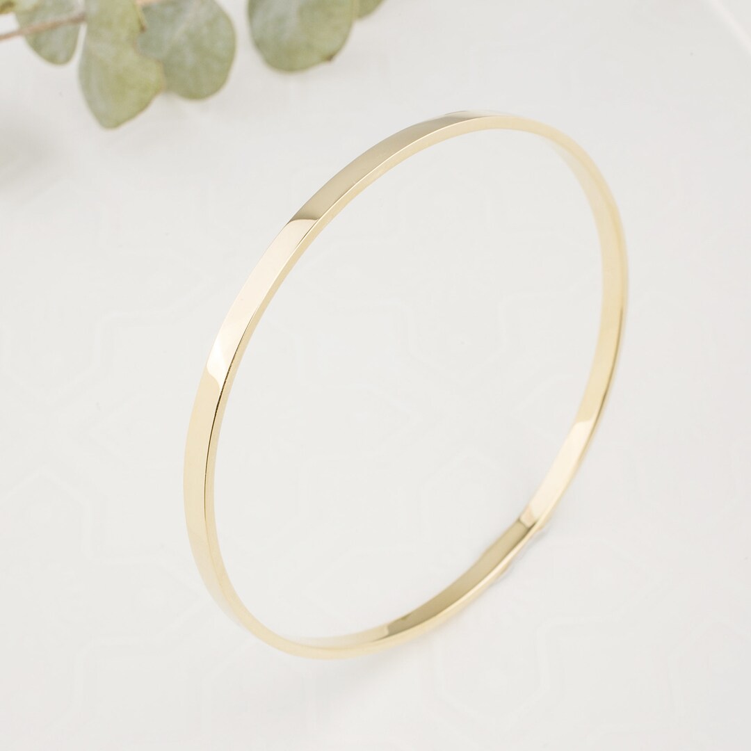 Solid 14k Gold 3mm Flat Bangle Bracelet, Custom Simple Bangle Bracelet ...