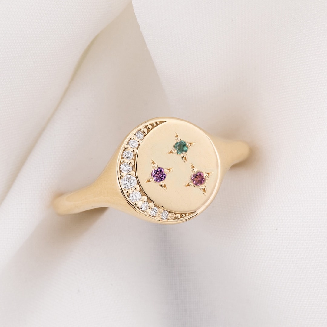 Round Birthstone Signet Ring 14k Solid Gold, Custom 10mm Round Signet Ring, Push Gift ...
