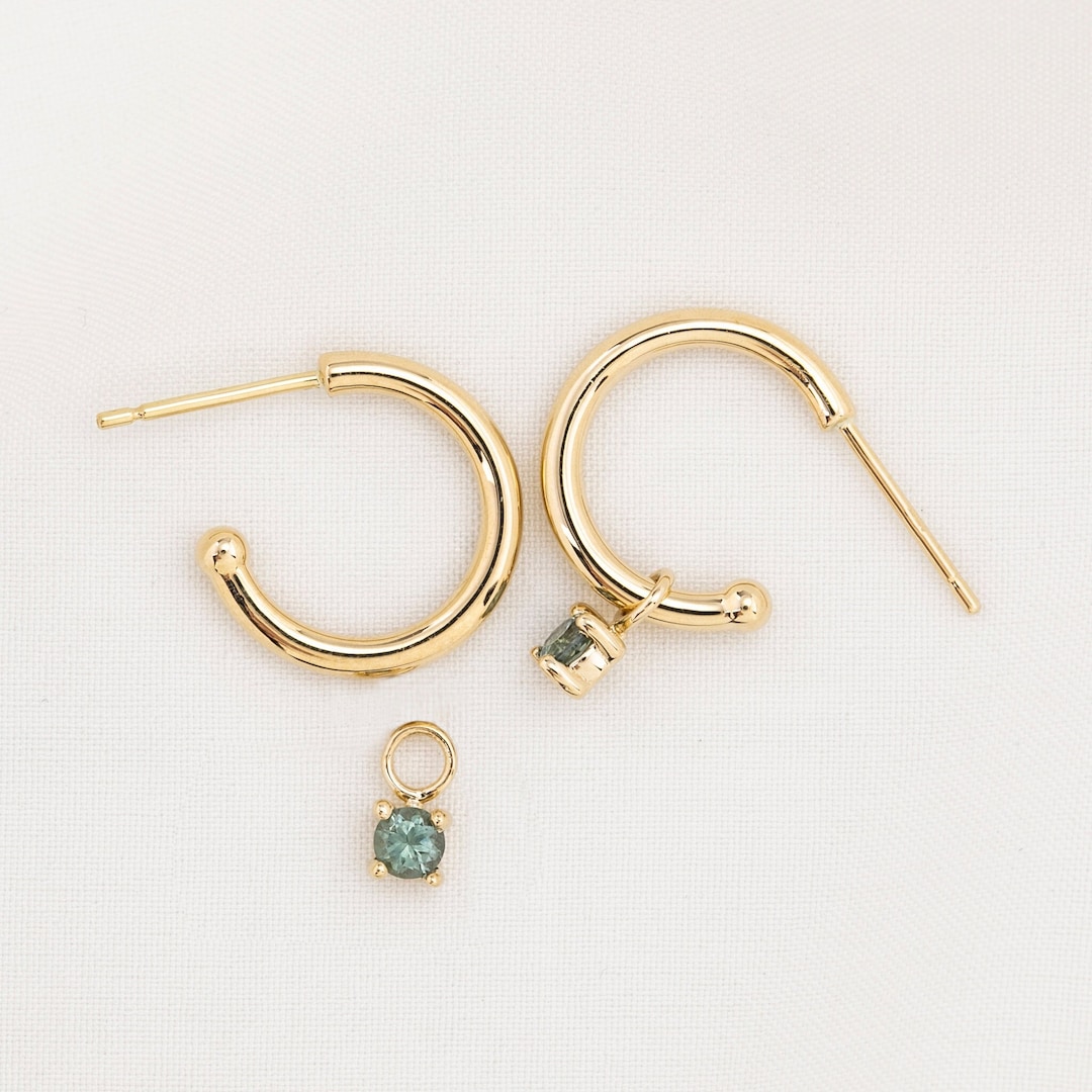 Solid Gold Charm Hoop Earring, Removable Sapphire Charm Hoop, Dangle ...