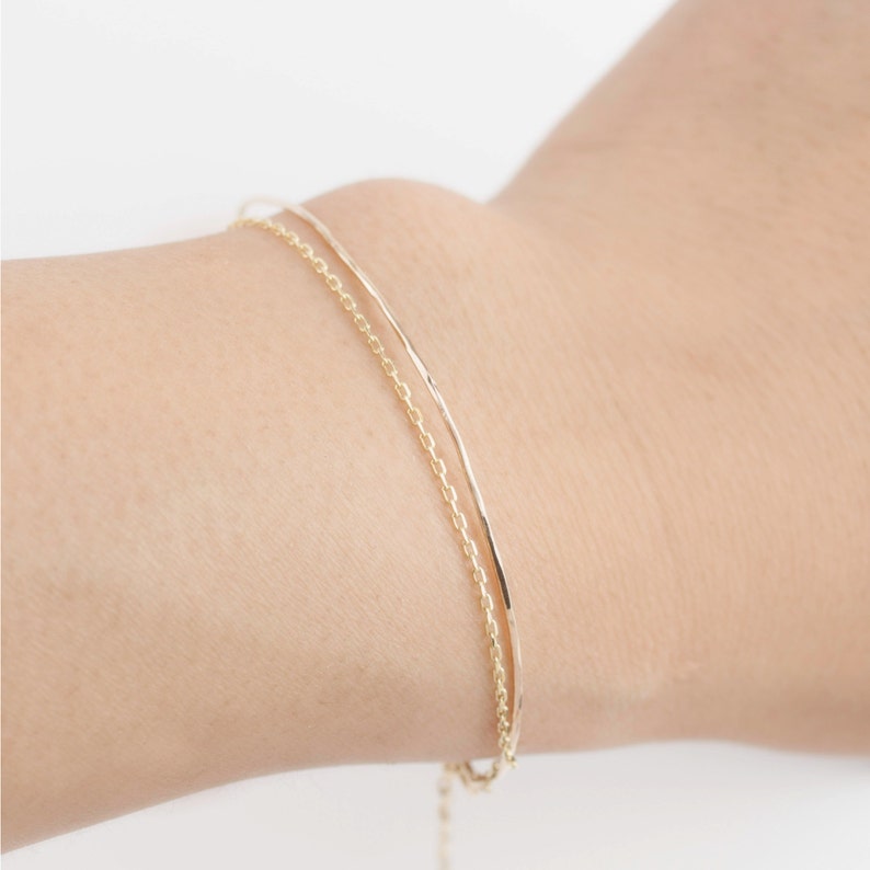 Yellow Gold Thin Bangle Bracelet Drape Chain, 14k Solid Gold Stacking ...
