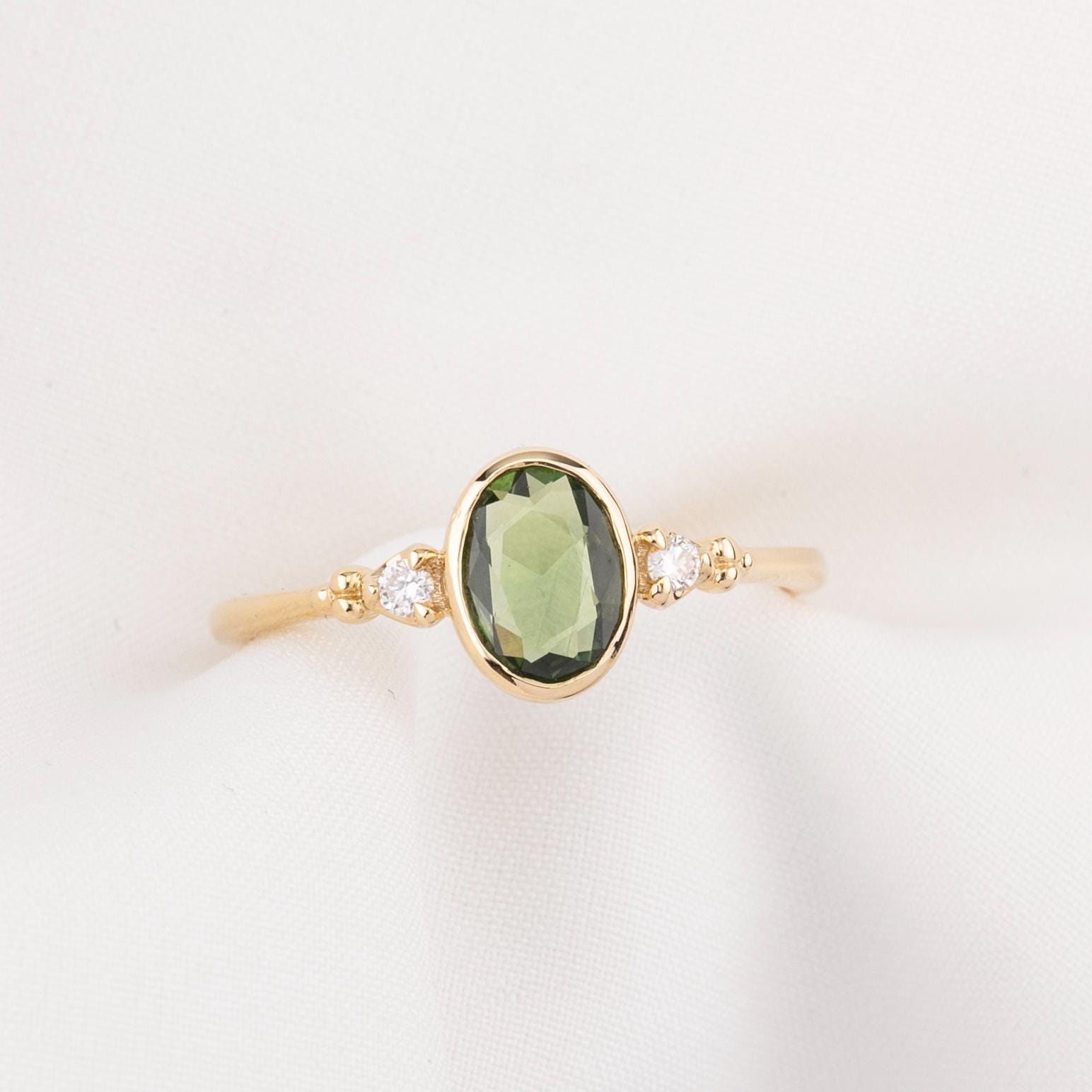 Bezel Set Oval Sapphire Ring, Green Sapphire Engagement Ring, Oval ...