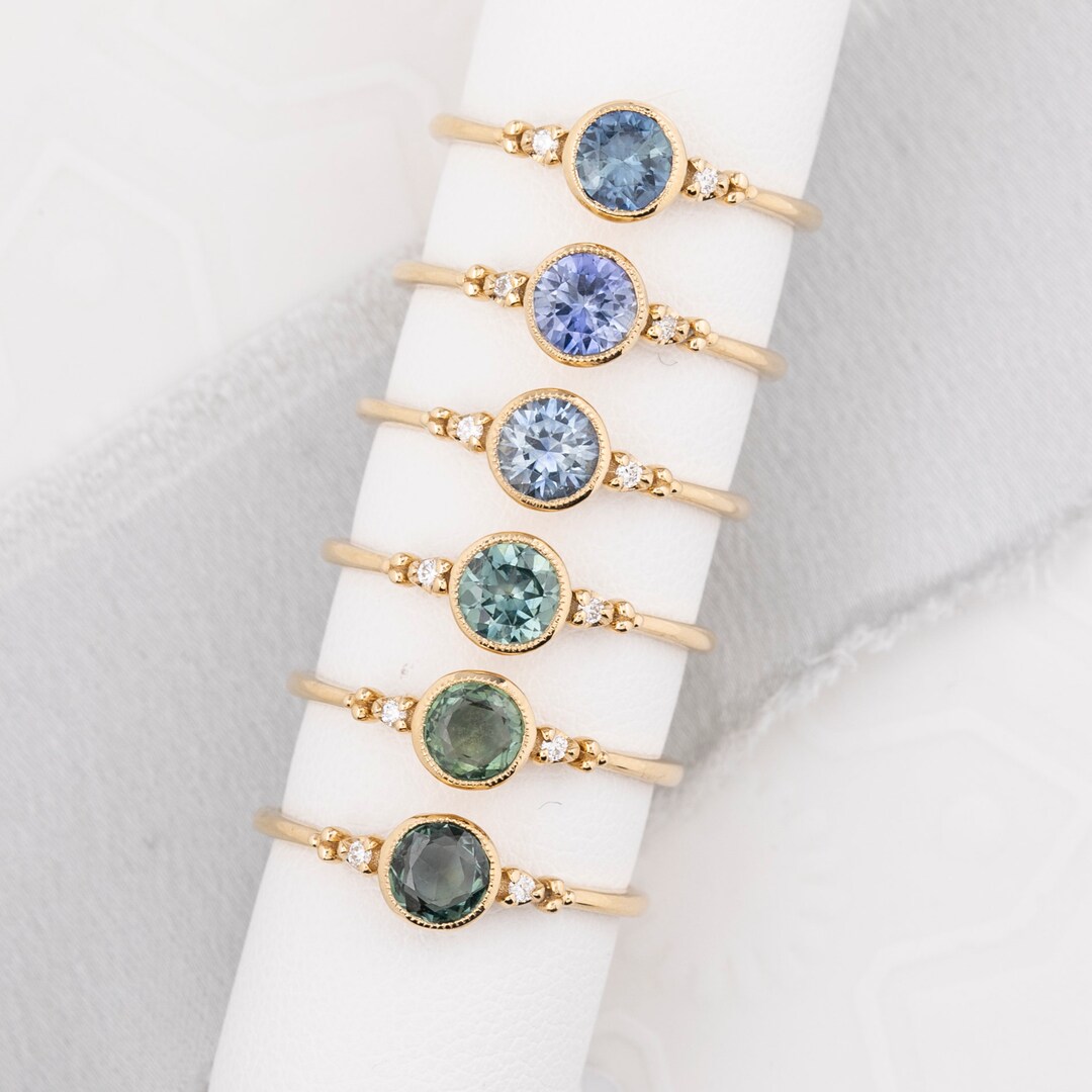 Blue Green Sapphire Ring, Round Sapphire Stack Ring, Three Stone Ring, Bezel Stacking Ring ...
