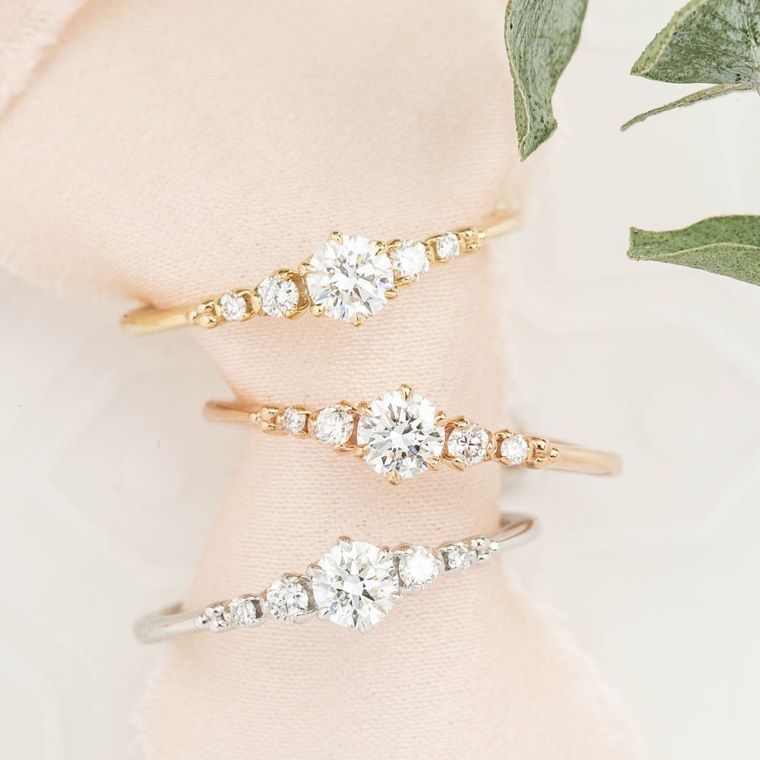 Natural Brilliant Cut Diamond Engagement Ring, Dainty Round Diamond ...